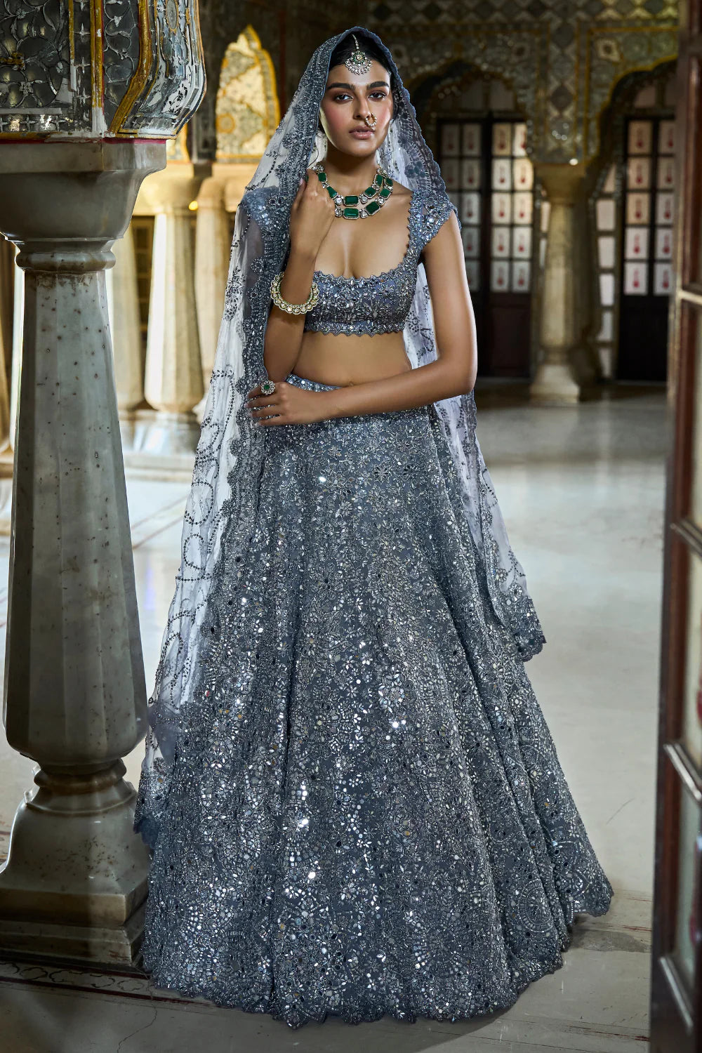 Steel Grey Mirror Work Lehenga Set – Studio East6