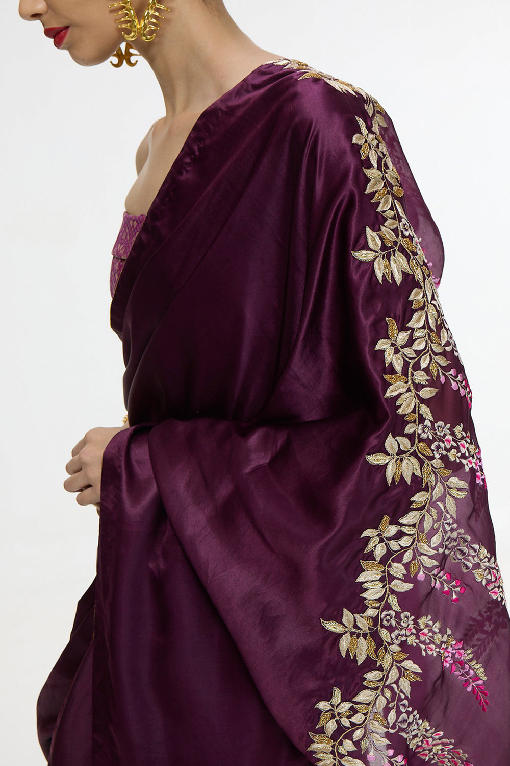 Handwoven Maroon Saree With Embroidered Panel