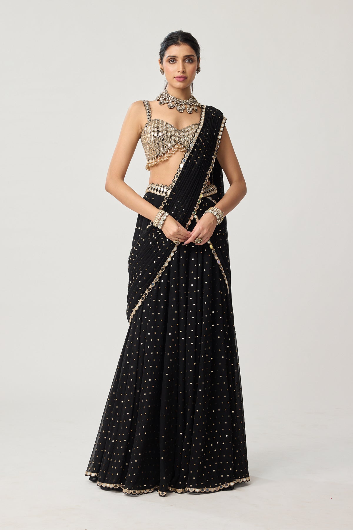 Black Georgette Flared pants Saree Set